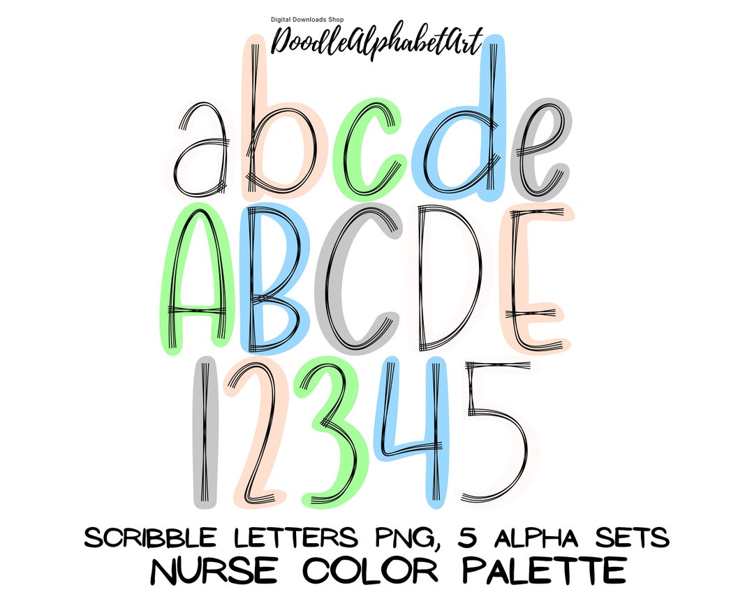Scribble Letters PNG, 5 Alpha Sets, Nurse Color Palette, Grey Nurse ...
