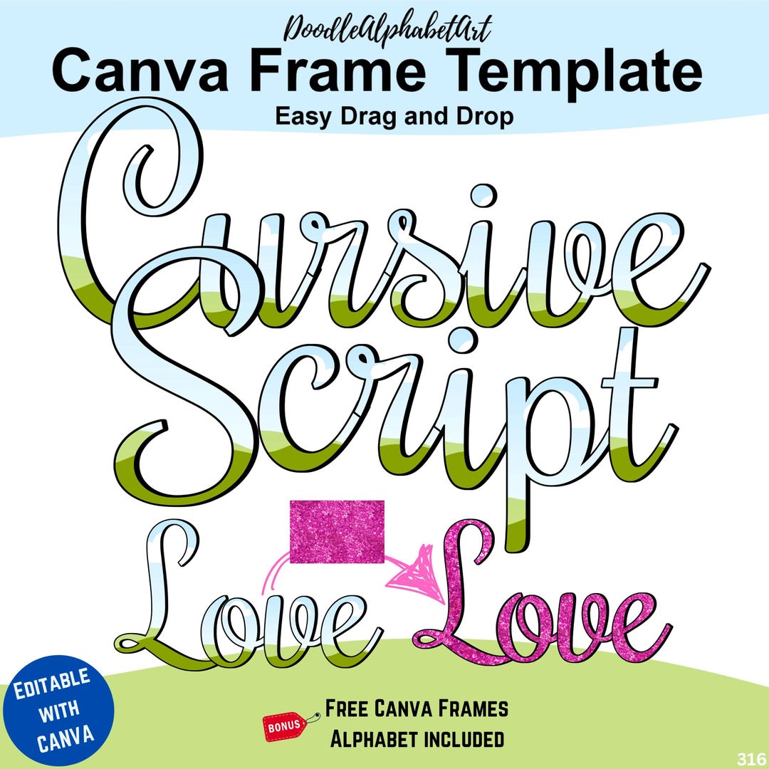 Canva Frames Cursive Script Alphabet | Editable Doodle Font With Block ...
