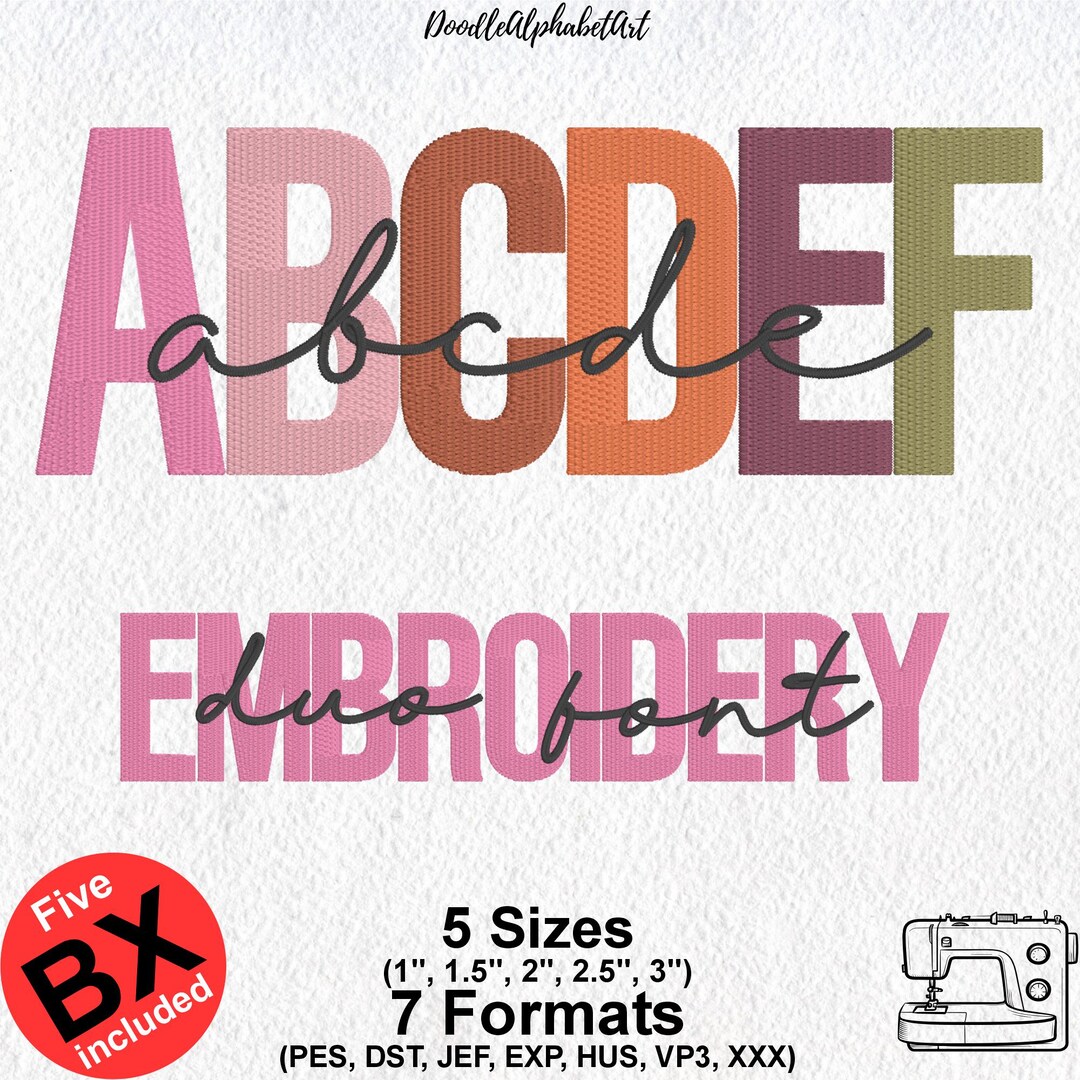 Minsig Duo Embroidery Font, 2 Fonts Duo Style Embroidery, 5 Sizes 7 ...