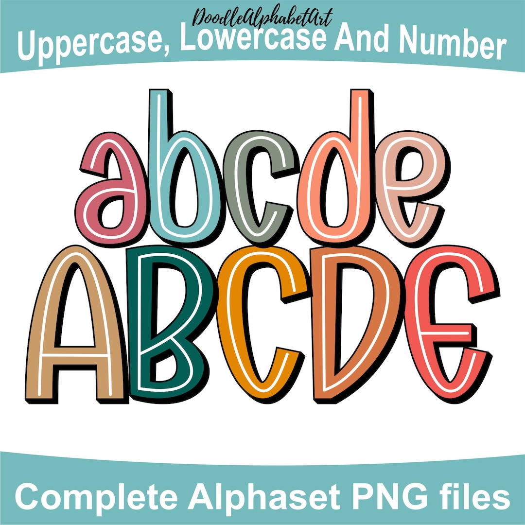 Retro Doodle Alphabet PNG Bundle: Boho White Line Font (digital ...