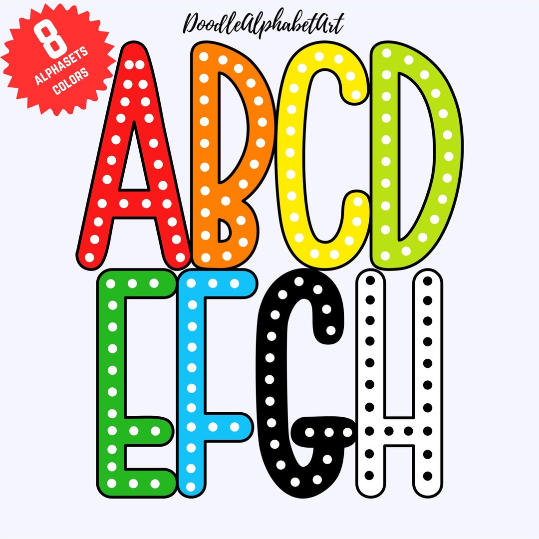 Black and White Doodle Dots Alphabet PNG Bundle, Bright Colors Palette ...