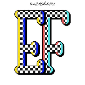 Checkered Doodle Alphabet Letters PNG Bundle, Neon Colors, Checkerboard ...