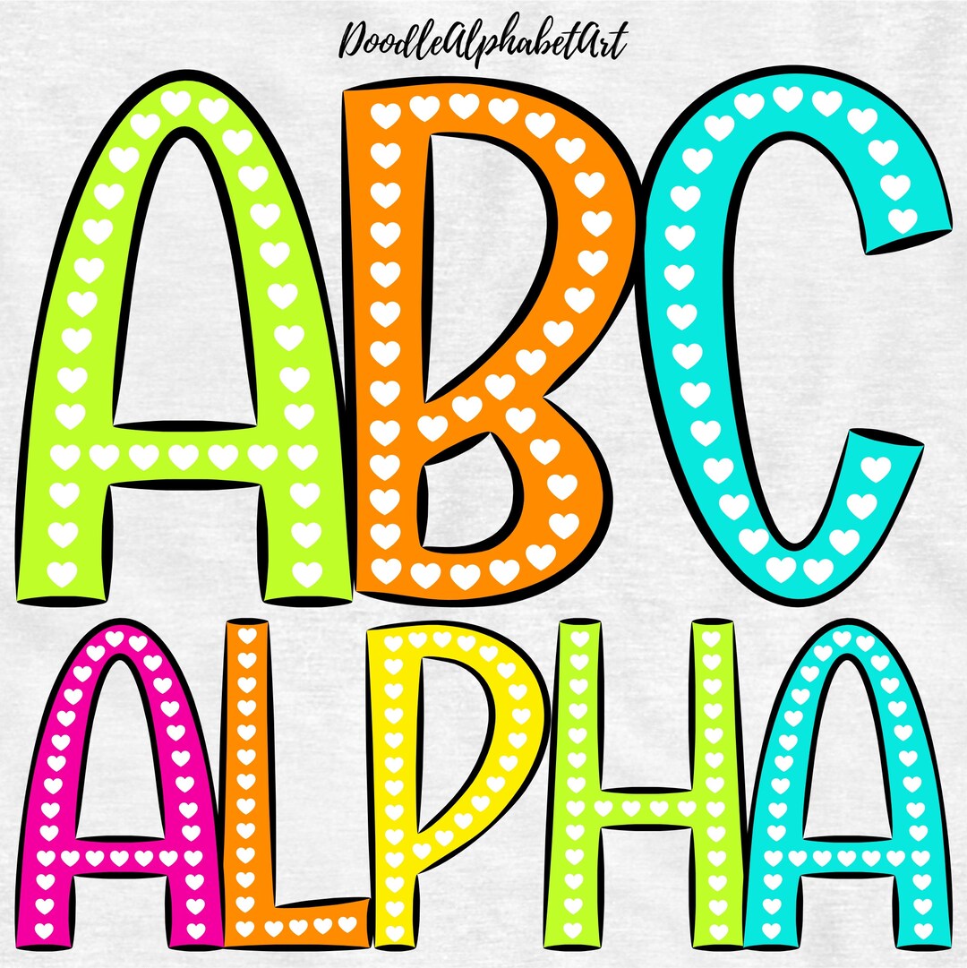 Hearts Letters PNG Bundle, Bright Color, 5 Alpha Sets, Handwritten ...