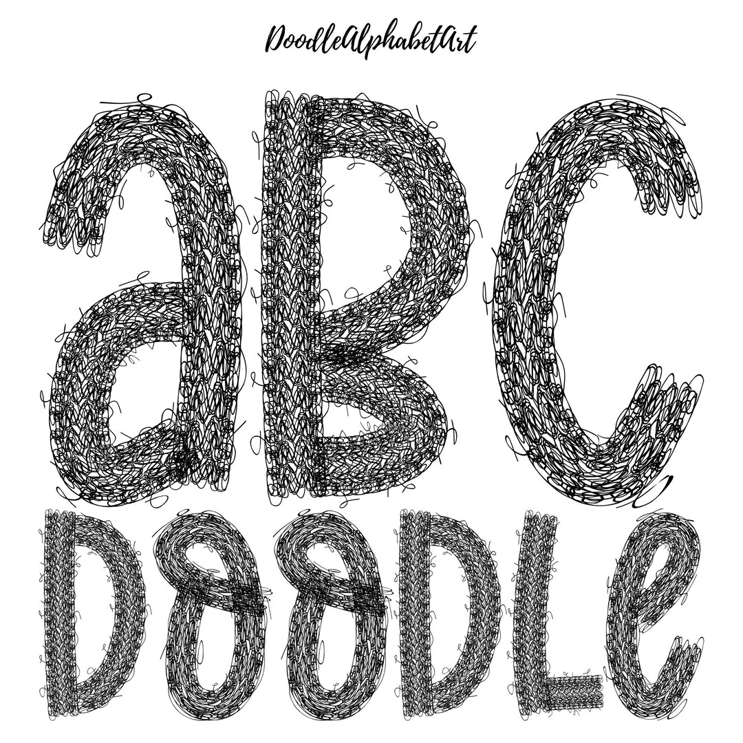 Black Scribbled Doodle Alphabet Letters PNG Bundle for Sublimation and ...