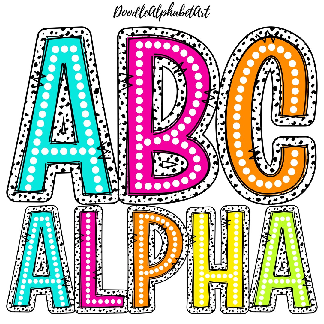 Bright Dots Alphabet Doodle PNG Bundle, Dalmatian Spots Background ...