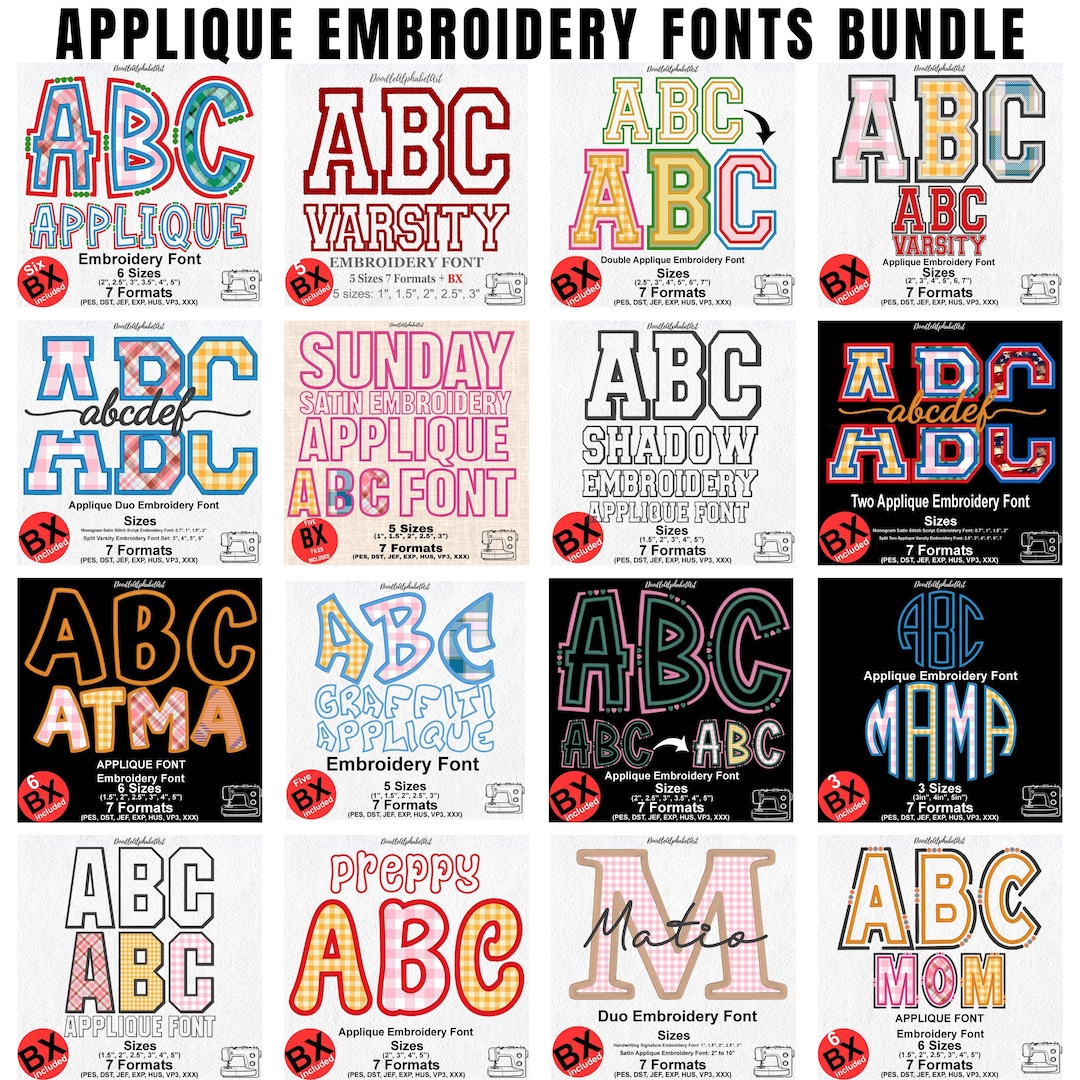Applique Embroidery Fonts Bundle, Applique Alphabet, Machine Embroidery ...