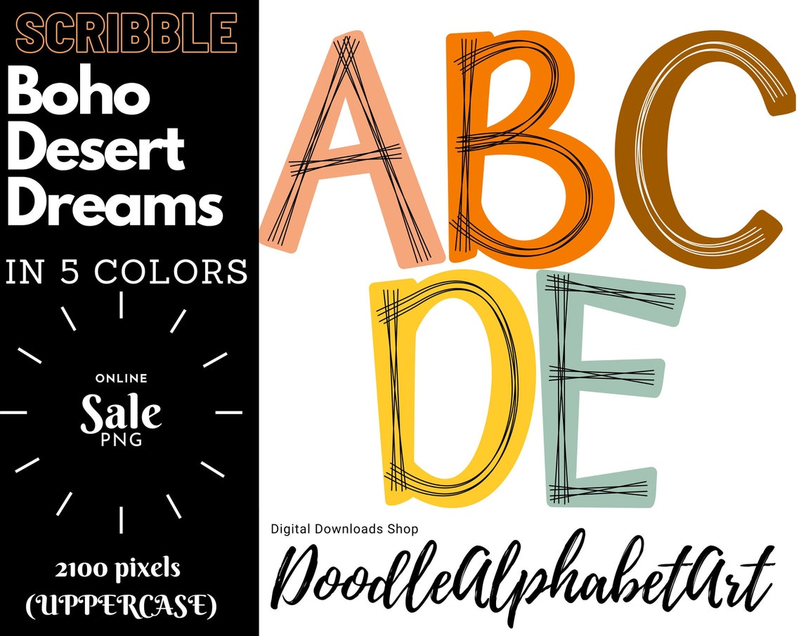 Scribble Letters PNG in 5 Colors Boho Desert Dreams Color - Etsy