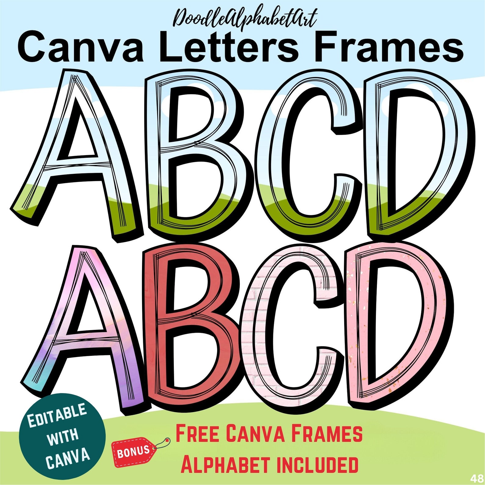 Scribble Doodle Alphabet Canva Frame: Block Shadow Font (digital ...