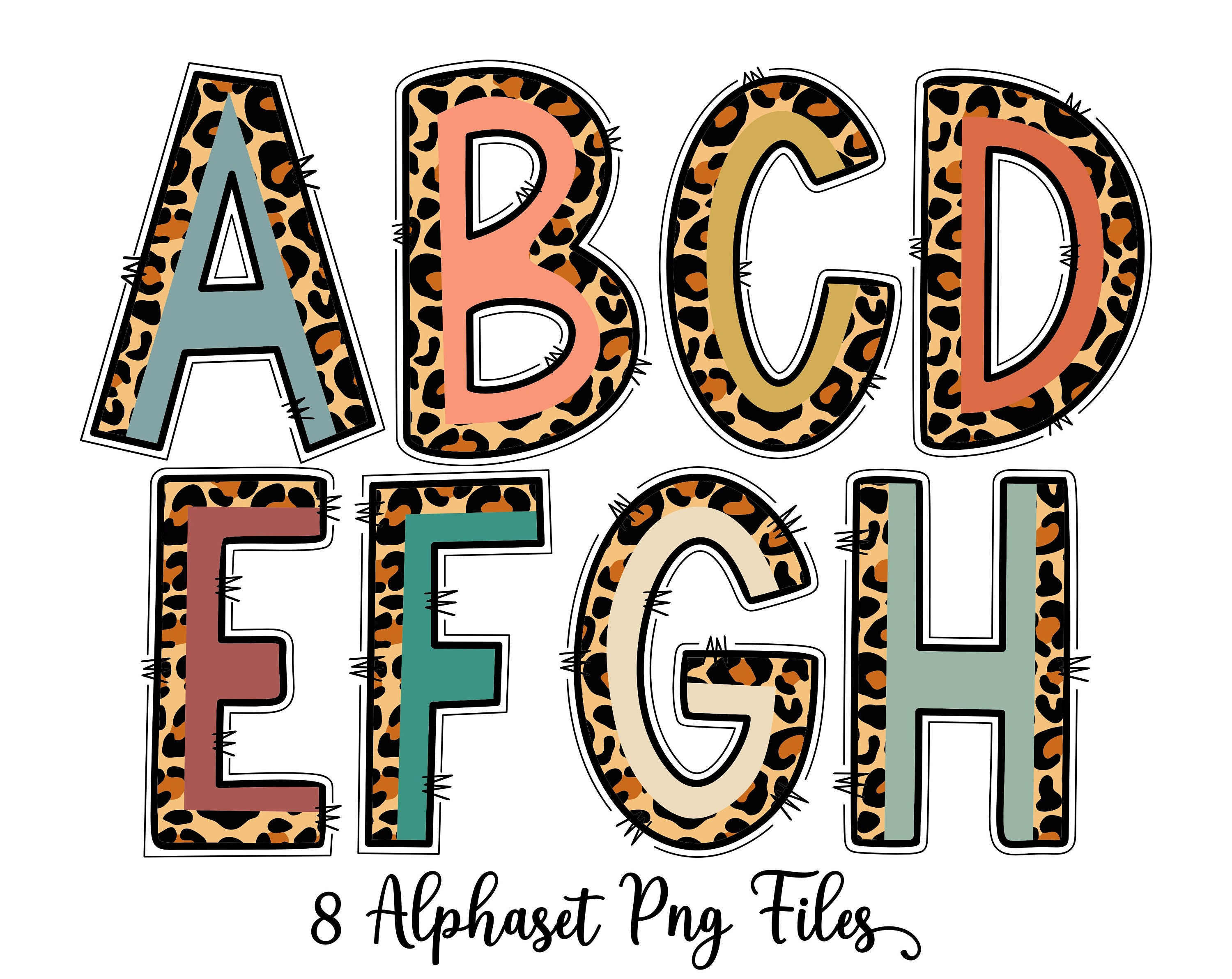 Leopard Boho Doodle Alphabet PNG Bundle: 8 Color Sets (digital Download ...