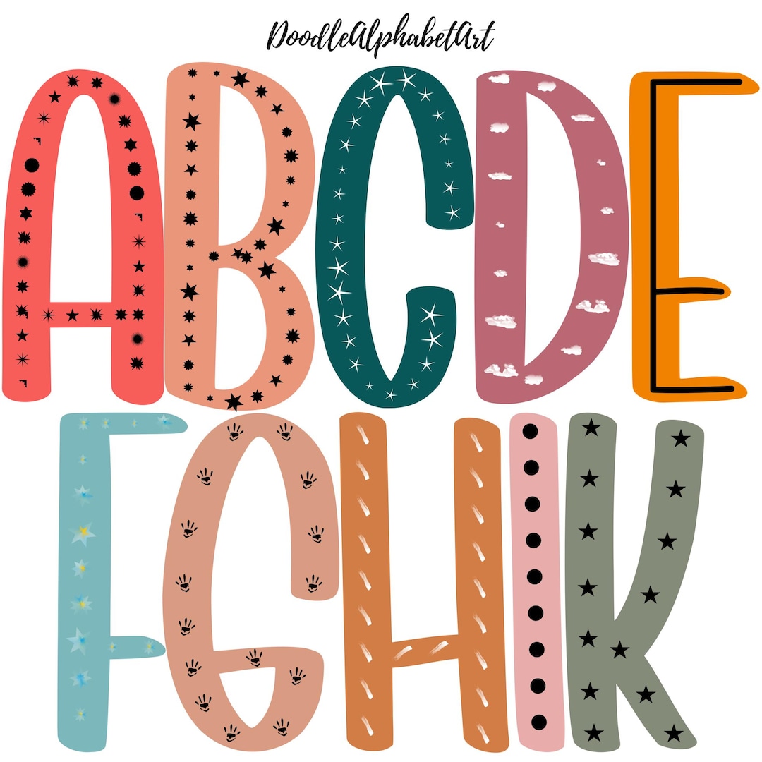 Boho Doodle Alphabet Letters PNG Bundle: Earthy Handwritten Font ...