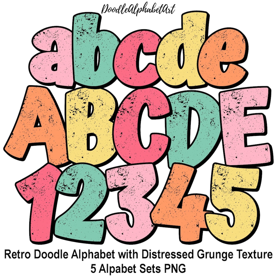 Retro Doodle Alphabet PNG Bundle: Distressed Grunge Texture, 5 Vintage ...