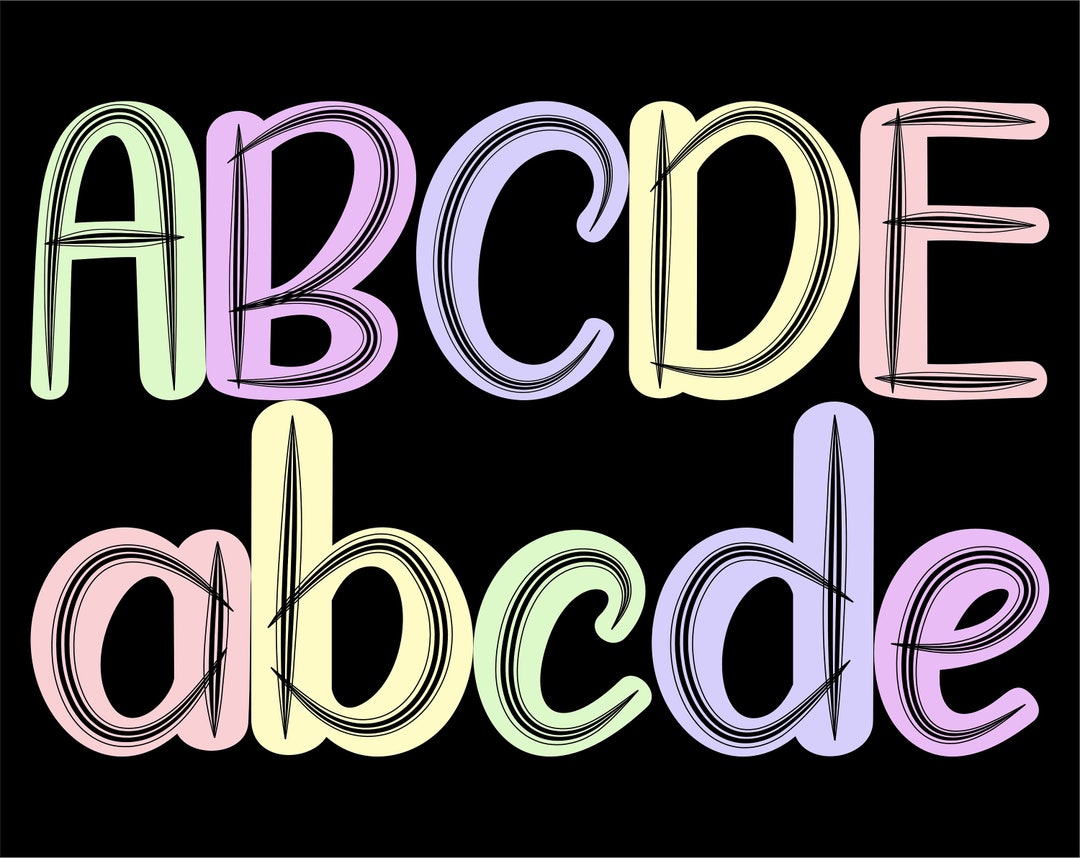 Pastel Rainbow Doodle Alphabet PNG Bundle: Scribble Font (digital ...