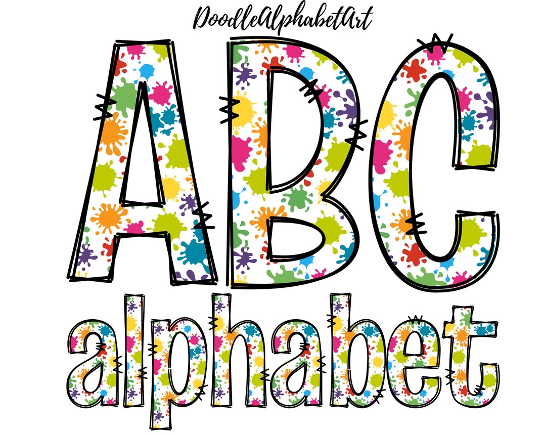 Paint Splats Doodle Alphabet PNG: Hand-drawn Letters & Numbers (digital ...