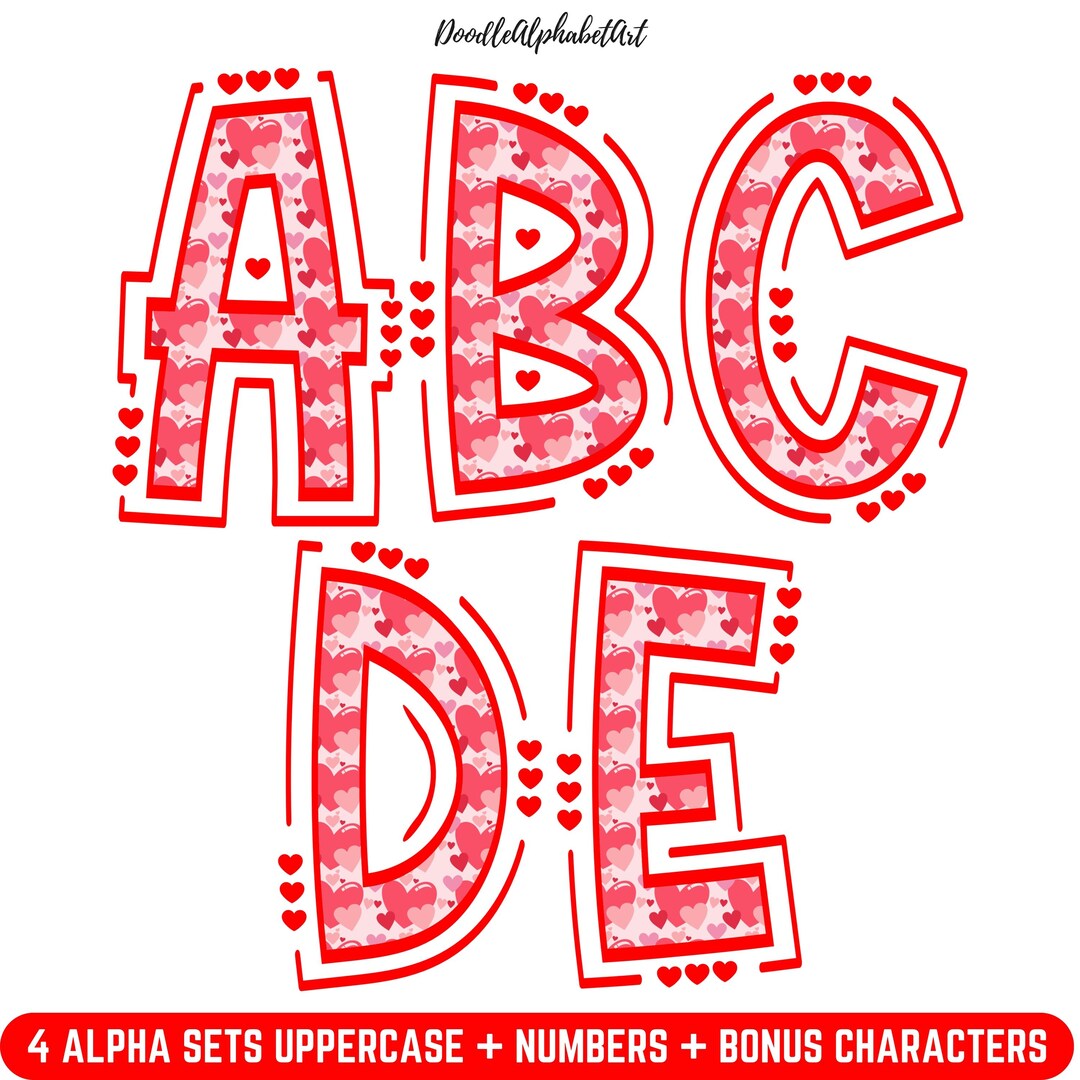 Valentine Hearts Outline Doodle Alphabet PNG Bundle, Valentine's Day ...