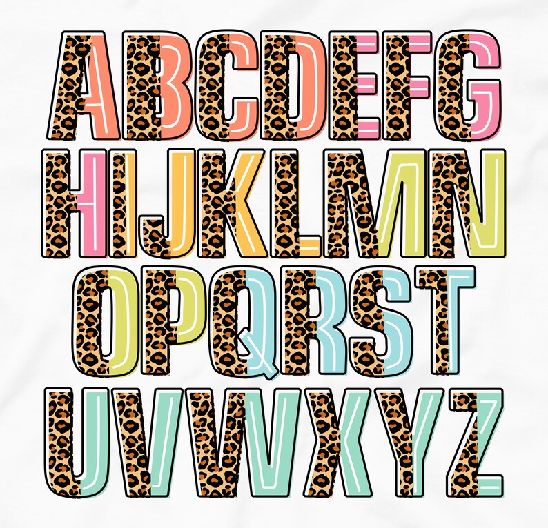 Leopard Split Alphabet Digital PNG Bundle, Boho Doodle Alphabet, Hand ...
