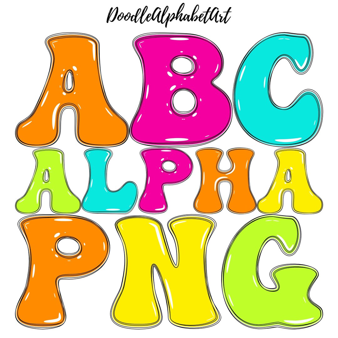 Bright Scribble Retro Groovy Letters, Doodle Alphabet 3D Inflated PNG ...