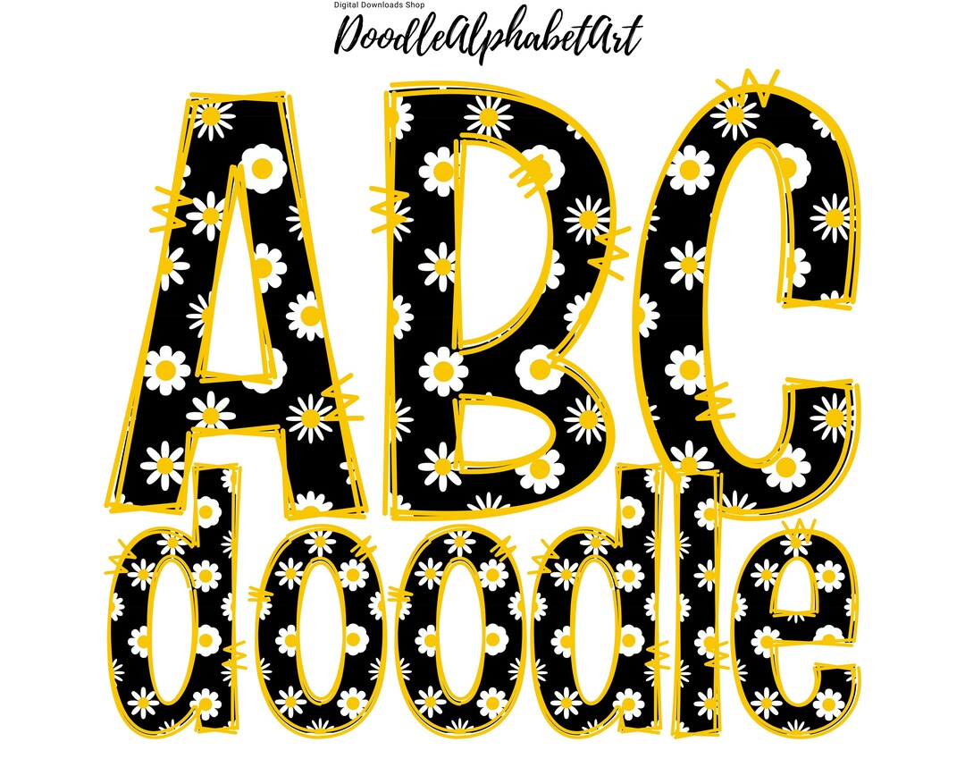 Daisy Doodle Alphabet PNG: Black & Yellow, Sublimation Designs (digital ...