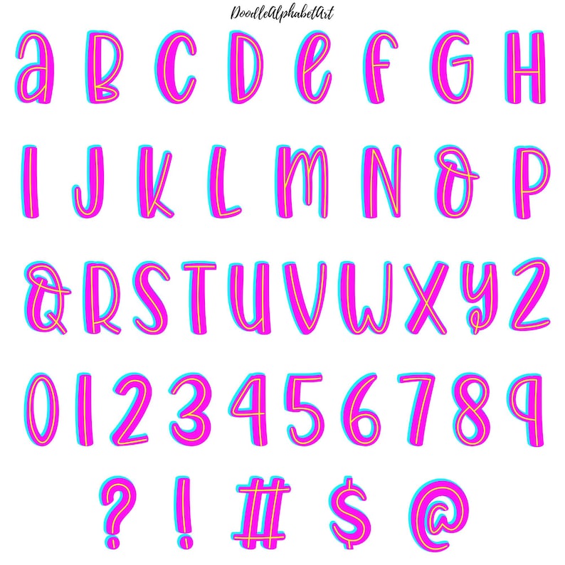 Neon Letters Centerline Doodle Alphabet PNG Bundle, Funky Neon Colors ...