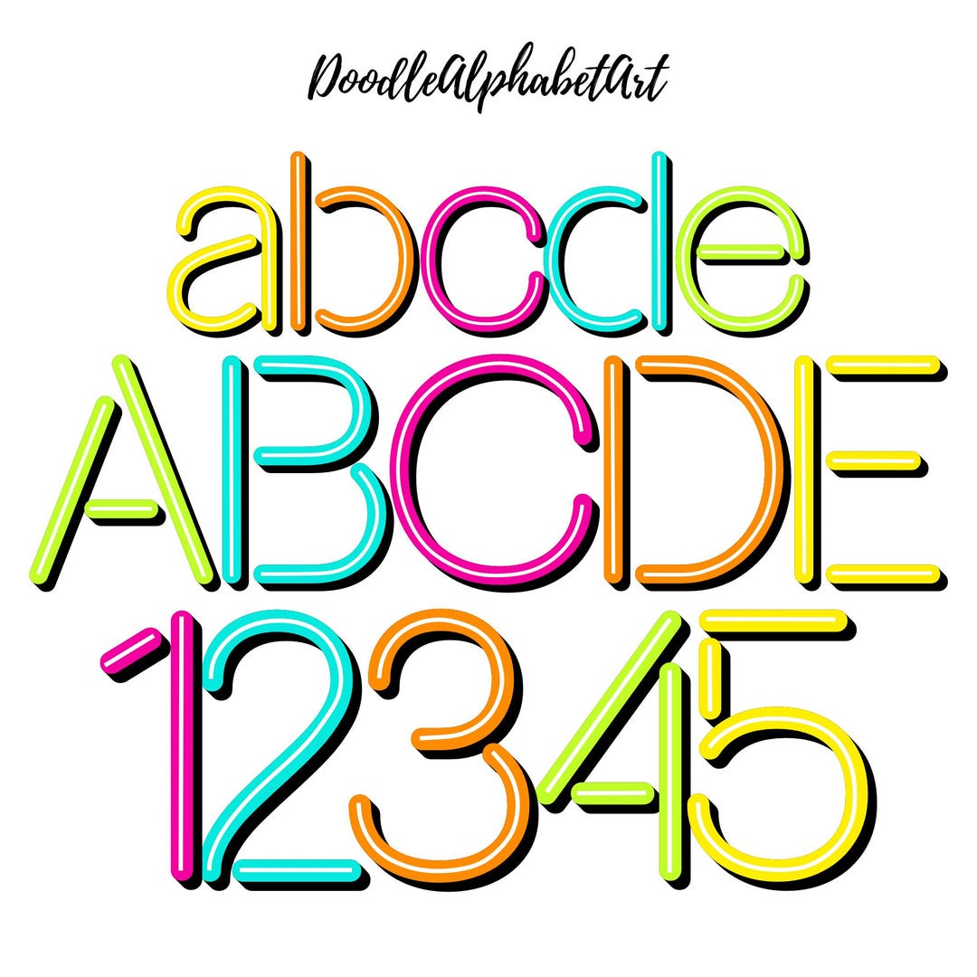 Bright Doodle Font Letters PNG Bundle, White Centerline Alphabets, 5 ...