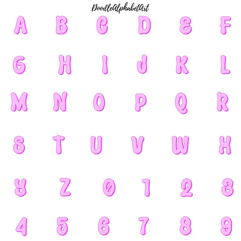 Preppy Doodle Alphabet PNG Bundle, Colorful Letters, Numbers (digital ...