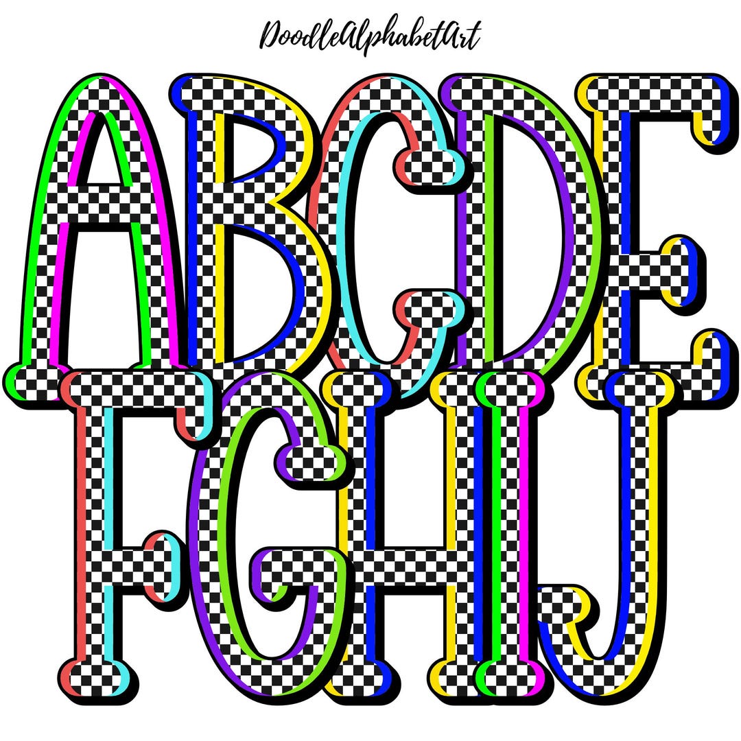 Checkered Doodle Alphabet Letters PNG Bundle, Neon Colors, Checkerboard ...