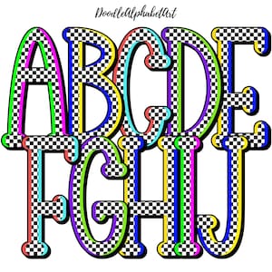 Checkered Doodle Alphabet Letters PNG Bundle, Neon Colors, Checkerboard ...