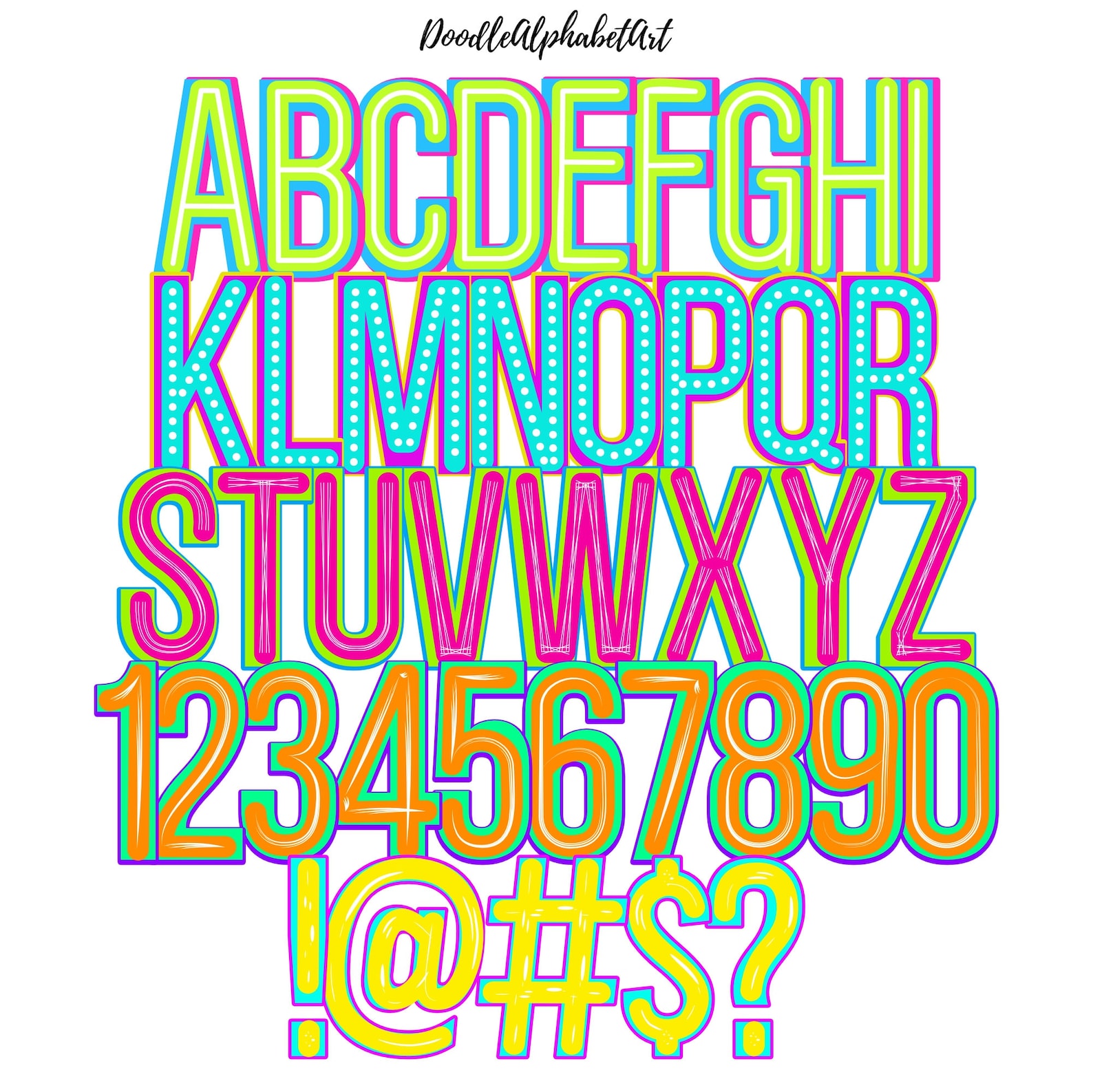 Scribble & Marquee Funky Colorful Alphabet PNG Bundle, Bright Color ...