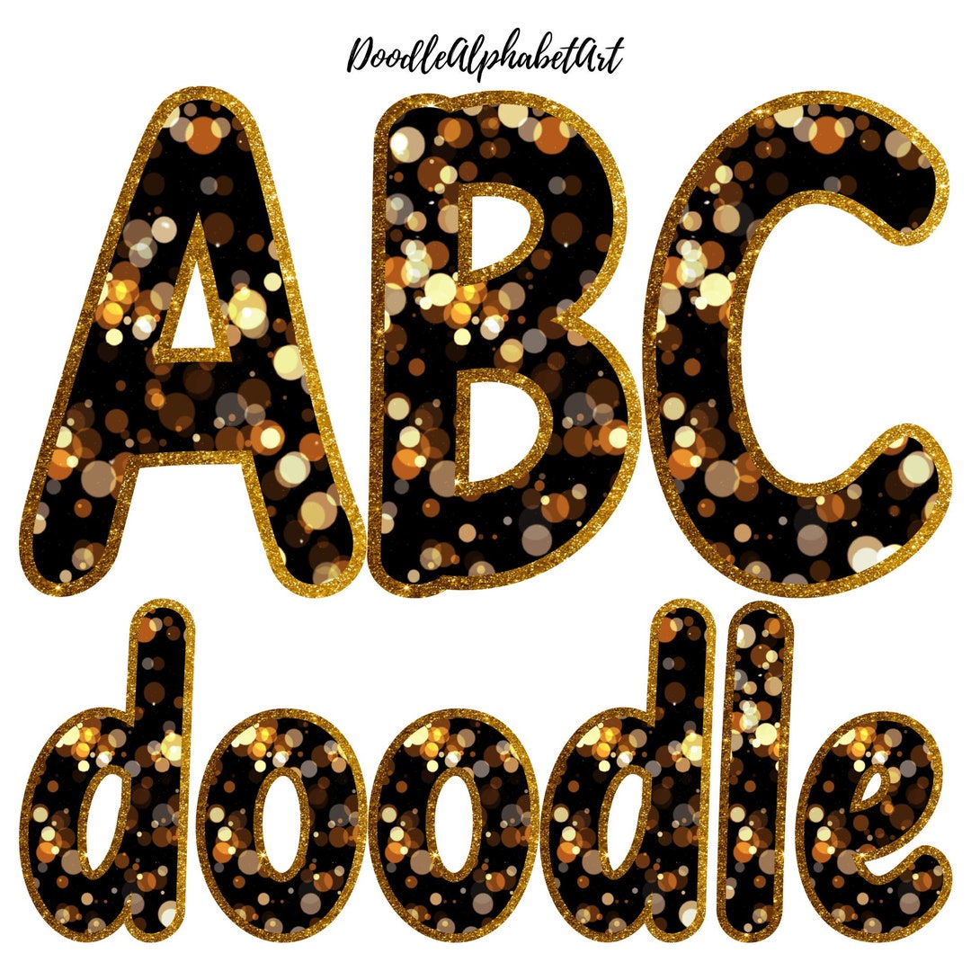 Doodle Alphabet Letters PNG, Gold Glitter Texture Border on a Black ...