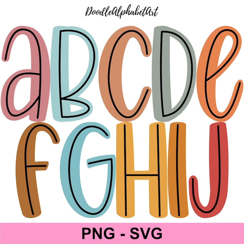 Doodle Alphabet Letters SVG PNG Bundle: Boho Color Palette (digital ...