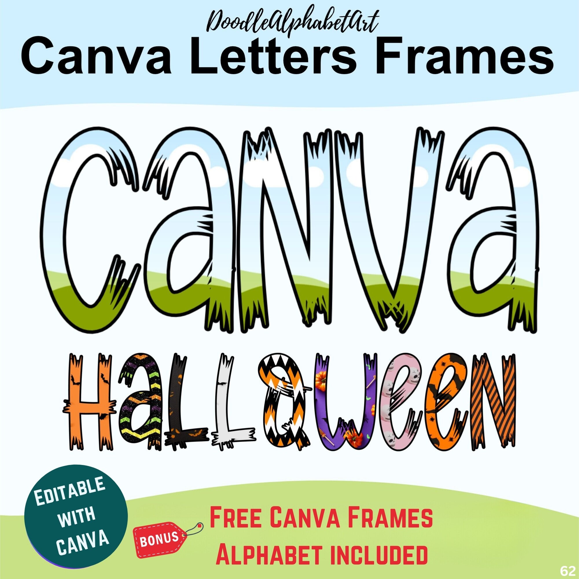 Halloween Doodle Letters Canva Frame: Alphabet Clipart (digital ...