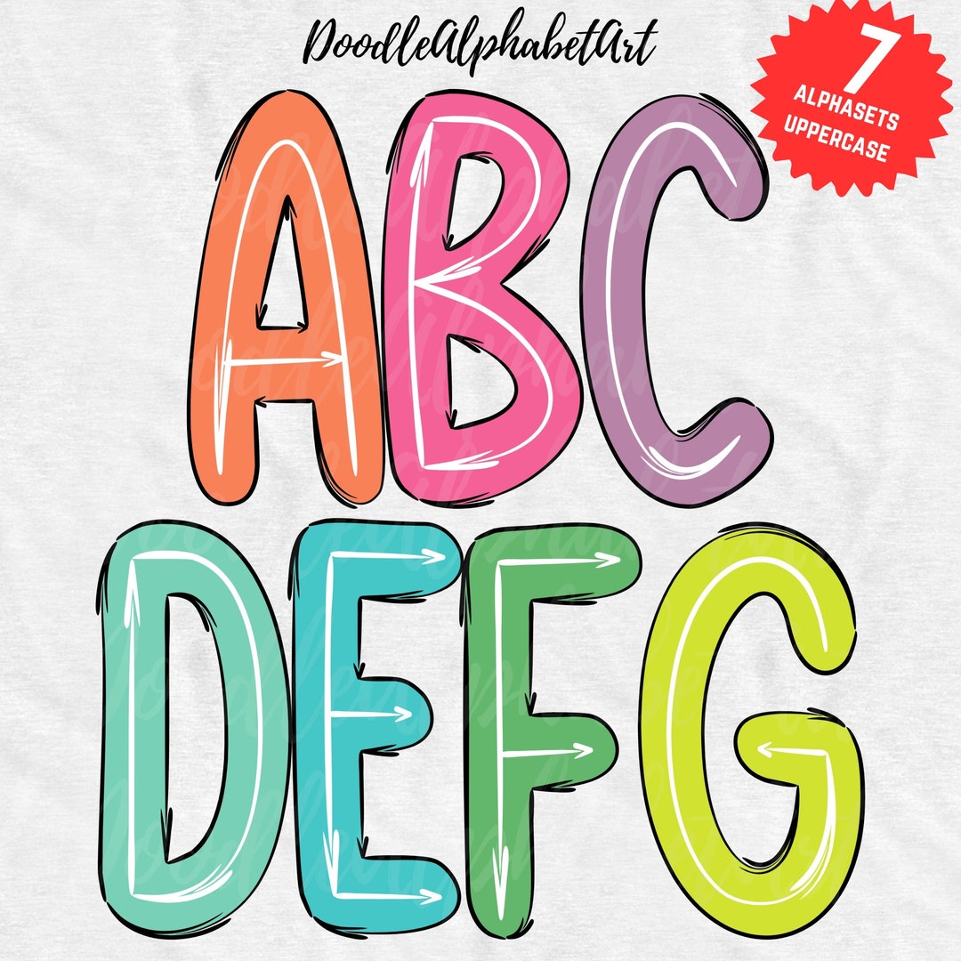 Handwriting Playful Arrow Alphabet PNG Bundle, 7 Alpha Sets, Doodle ...