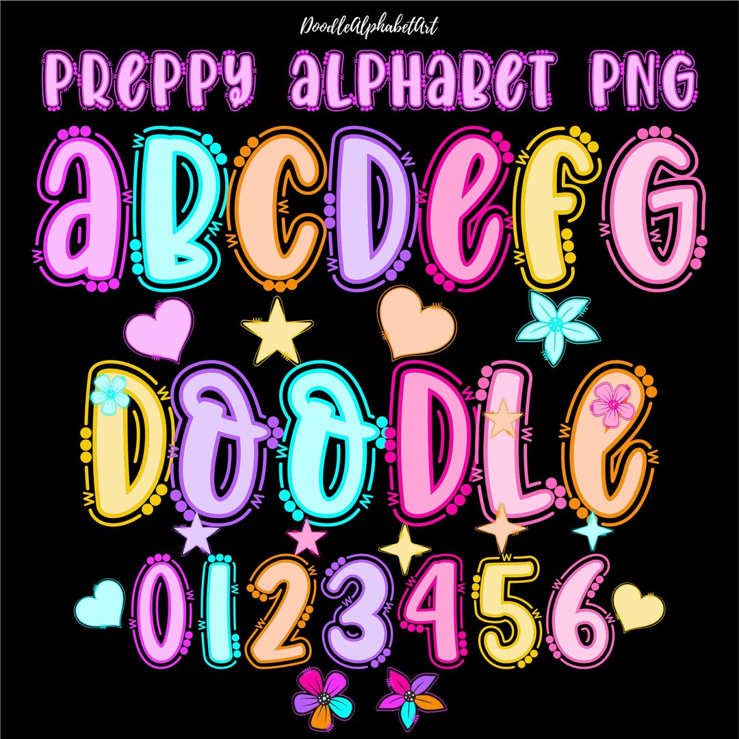 Preppy Doodle Letters PNG Bundle, 7 Colors Lines and Dots Alphabet, 44 ...
