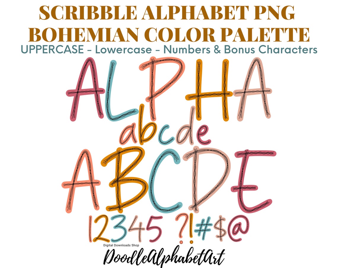 Scribble Alphabet PNG Bohemian Color Palette Boho Digital - Etsy