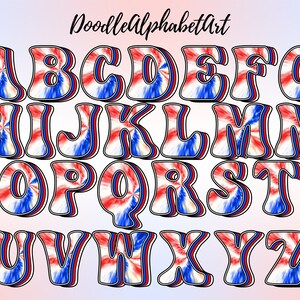 Tie Dye Doodle Groovy Retro Alphabet, Patriotic USA Flag Colors Clipart ...