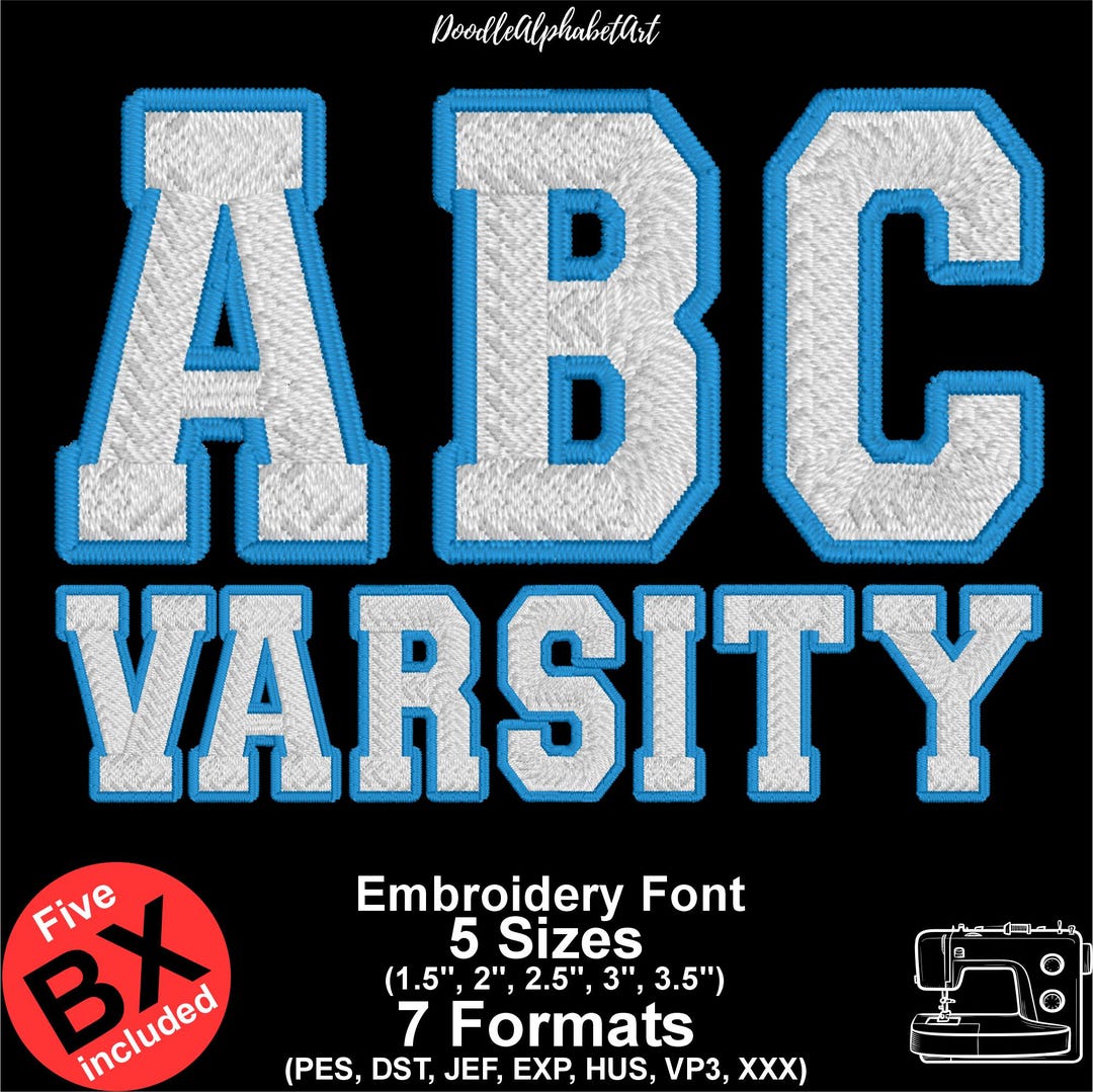 Varsity 2-color Satin Column Embroidery Font, 5 Sizes 7 Formats + 5 ...