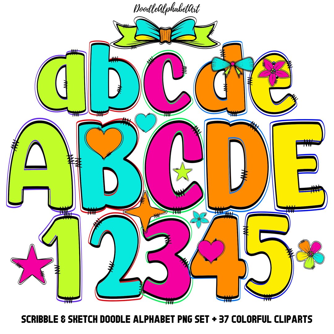 Doodle Alphabet PNG Set: Bright Summer Clipart for Sublimation (digital ...