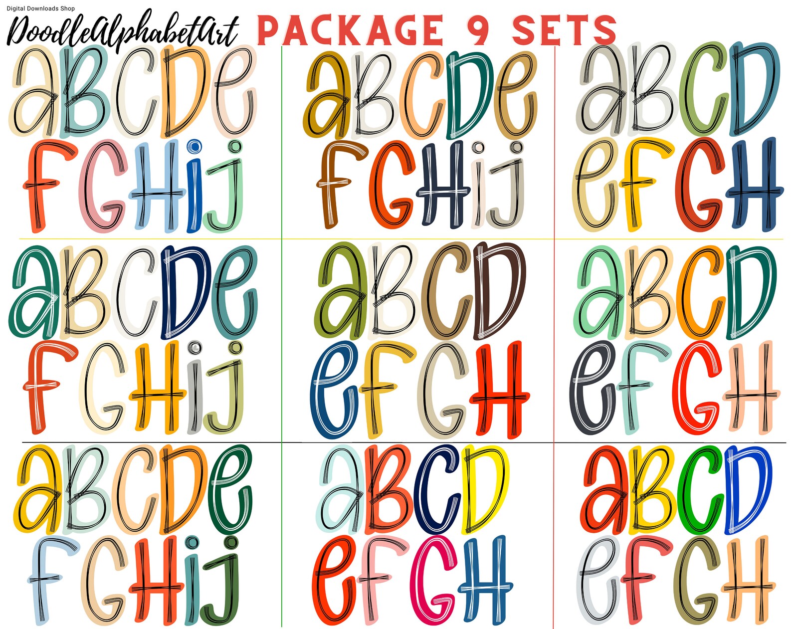 Package of 9 Sets of Digital Scribble Alphabet Pngs Bundle - Etsy