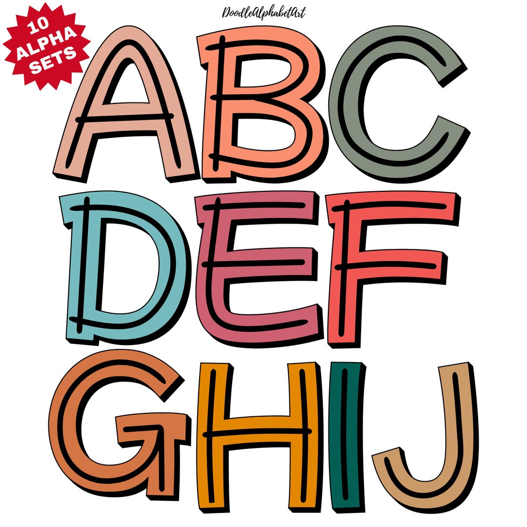 Boho Doodle Alphabet PNG: Centerline Block Shadow Letters (digital ...