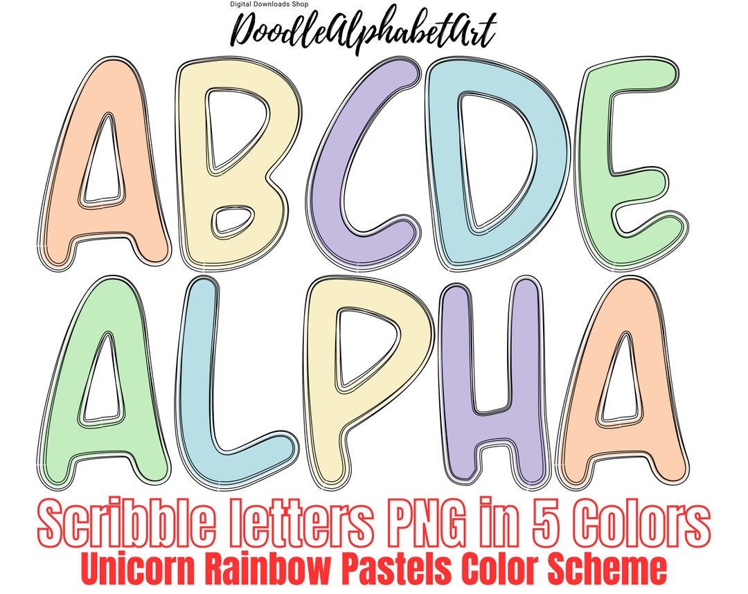 Scribble Letters PNG in 5 Colors, Unicorn Rainbow Pastels Color Scheme ...