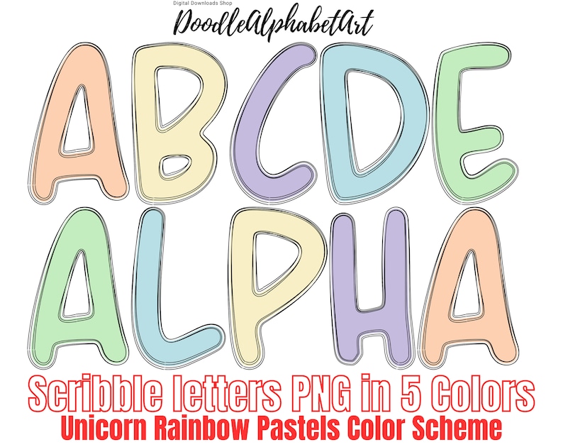 Scribble Letters PNG in 5 Colors Unicorn Rainbow Pastels - Etsy
