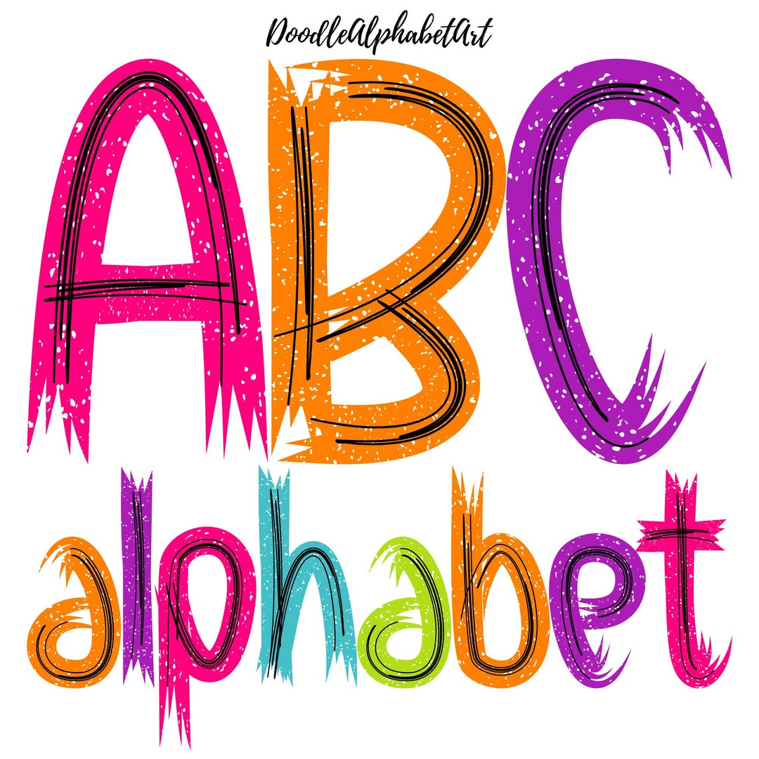 Grunge Doodle Alphabet PNG Bundle: Bright Distressed Letters (digital ...