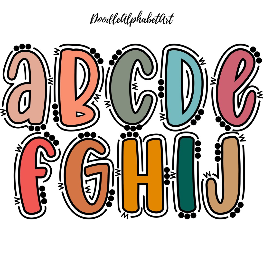 Boho Dots and Lines Doodle Alphabet PNG Bundle, 10 Earthy Boho Colors ...
