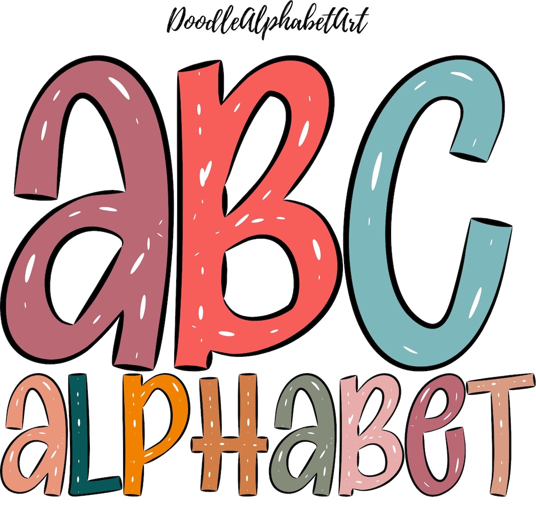 Whimsical Doodle Alphabet Letters PNG Bundle, 10 Alpha Sets, Boho Color ...