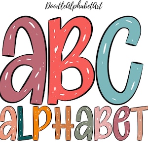 Whimsical Doodle Alphabet Letters PNG Bundle, 10 Alpha Sets, Boho Color ...