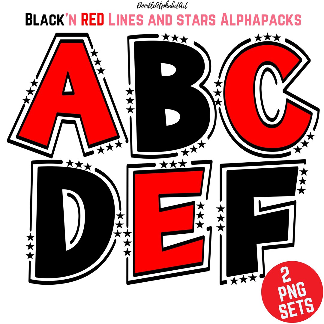 Red and Black Doodle Alphabet PNG: Hand-drawn Letters & Stars (digital ...