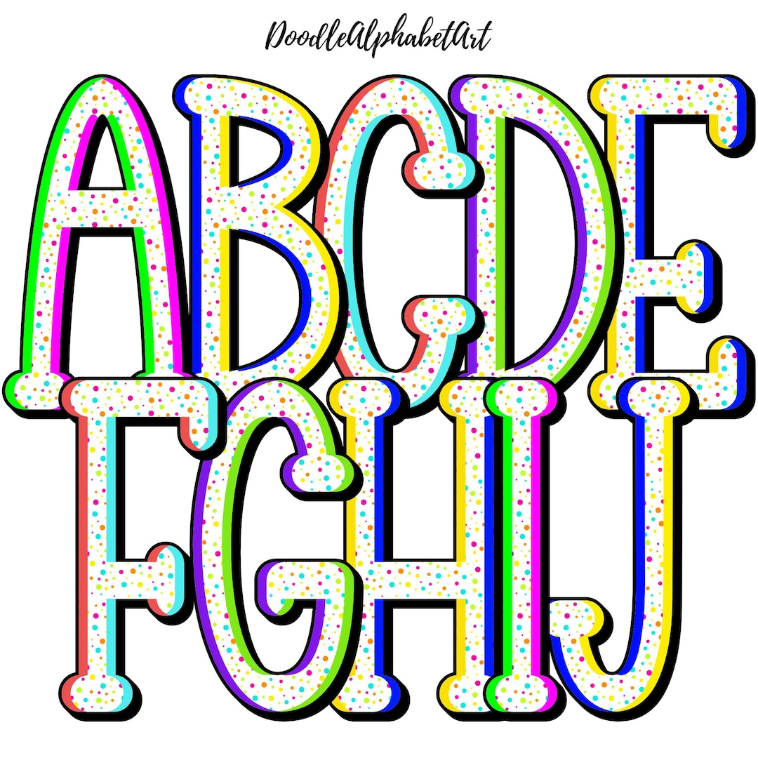 Colorful Dots Doodle Alphabet Letters PNG Bundle, Neon Colors, Digital ...