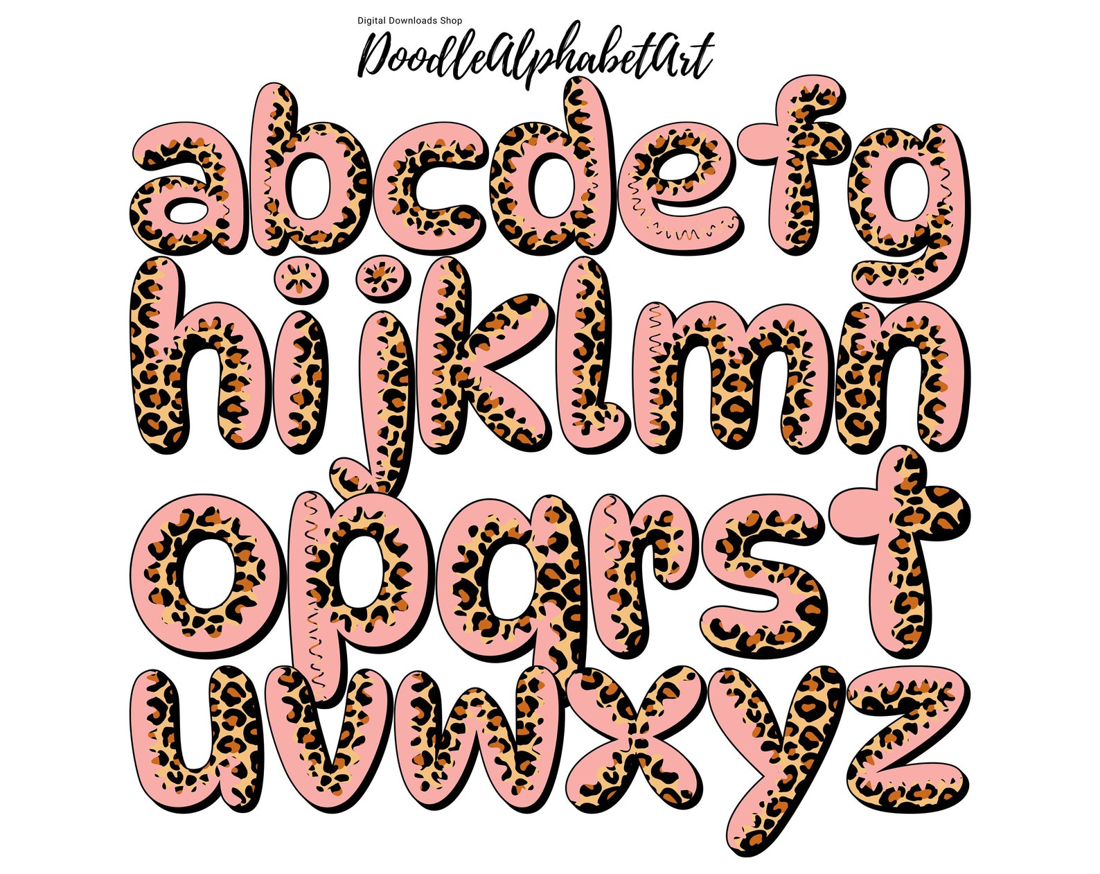 Glitter Leopard Print Doodle Alphabet PNG Bundle: 5 Color Schemes ...