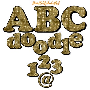 Gold-themed Doodle Alphabet PNG Bundle - 9 Sets With Gold Sparkle, Foil ...