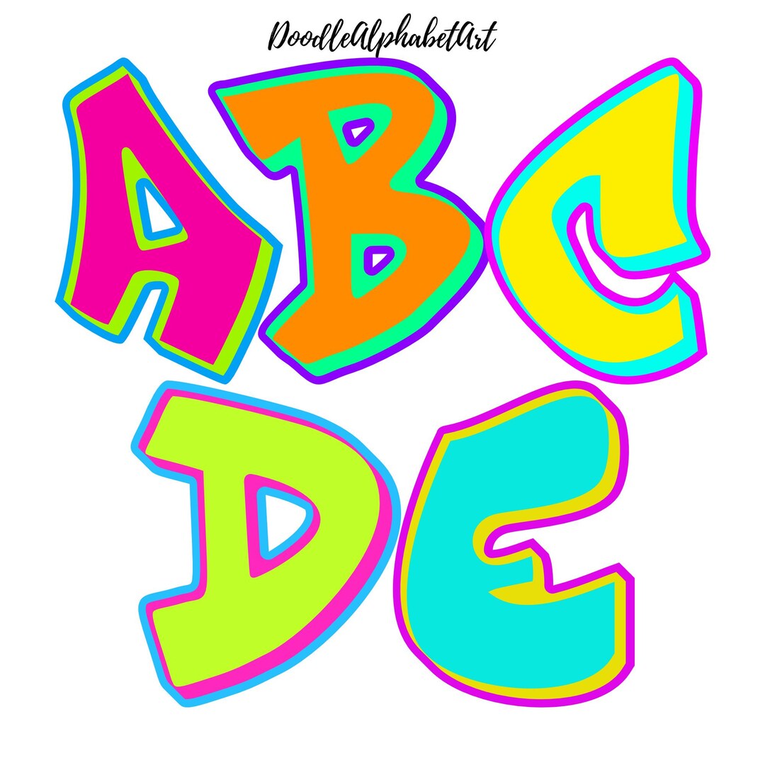 Graffiti Funky Colorful Alphabet PNG Bundle, Bright Color Palette, 5 ...