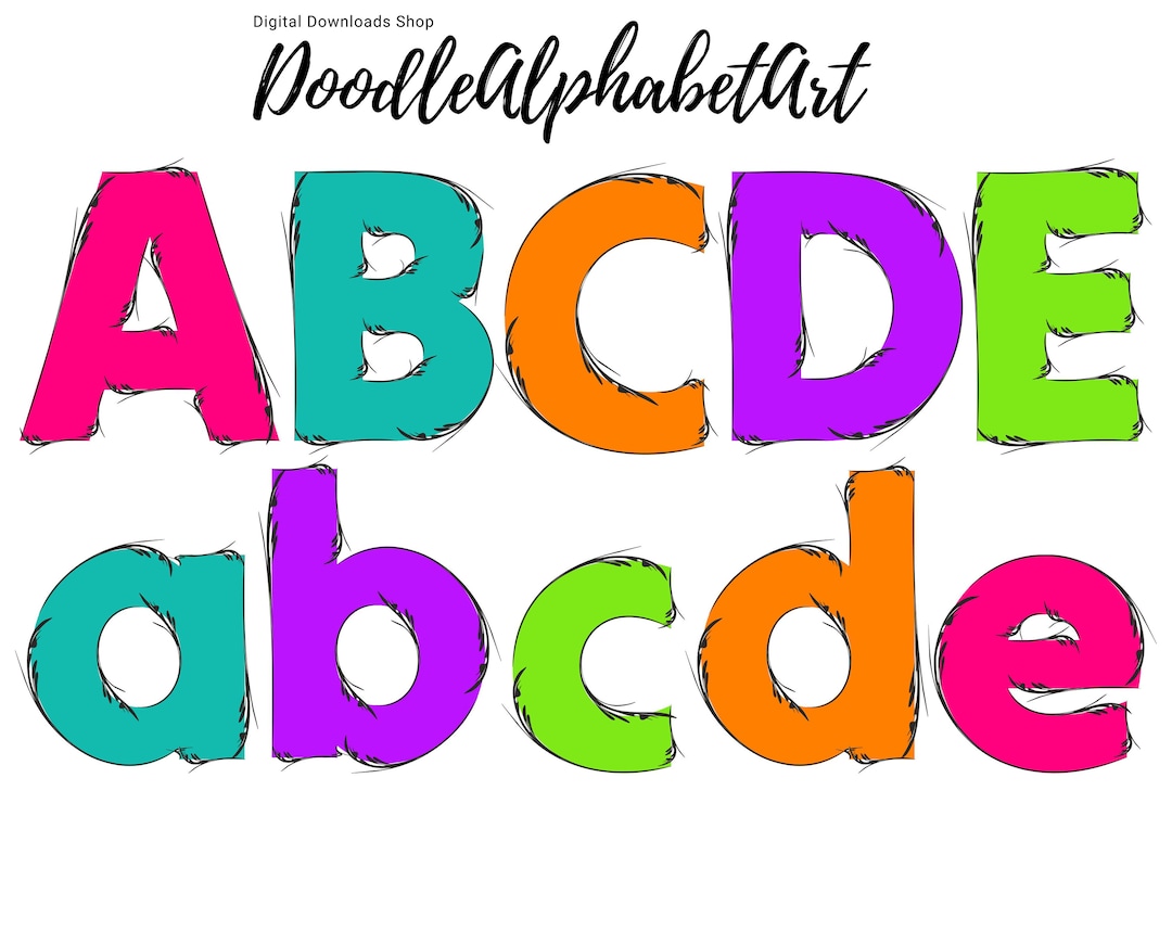 Doodle Alphabet PNG Bundle: Vine Branch Letters, Bright Colors (digital ...